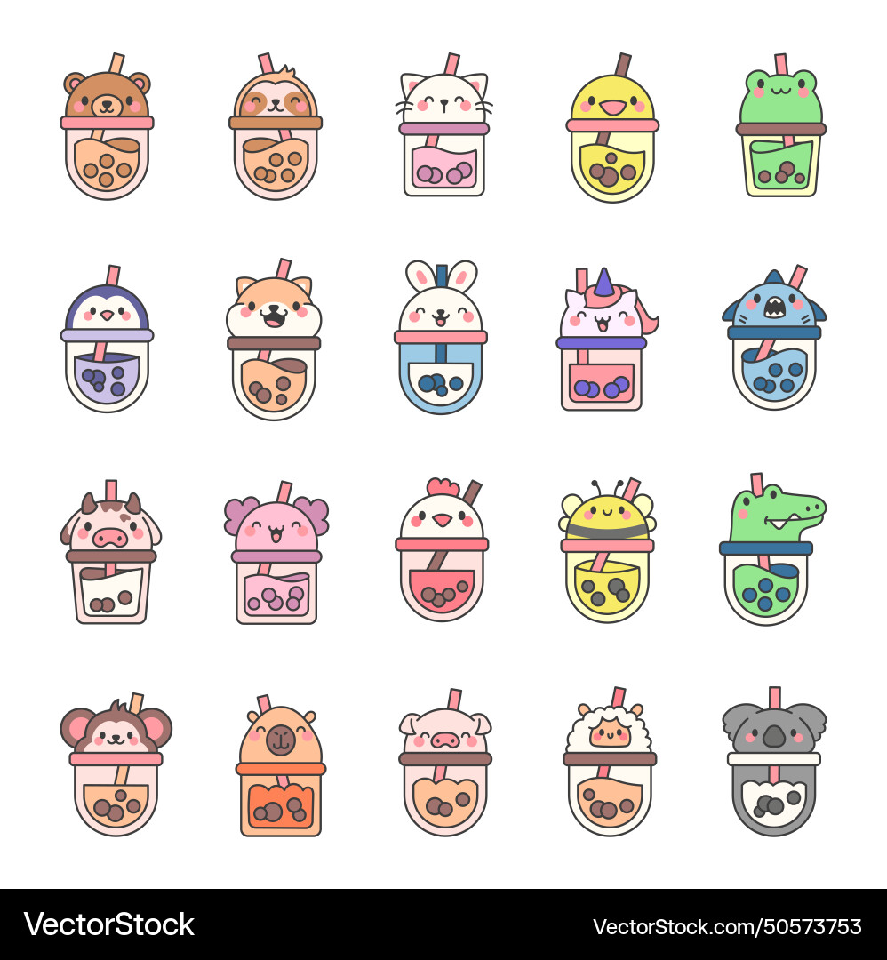 Matcha bubble tea with animal faces boba Vector Image