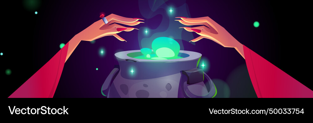 Witch hands doing magic over cauldron with potion Vector Image