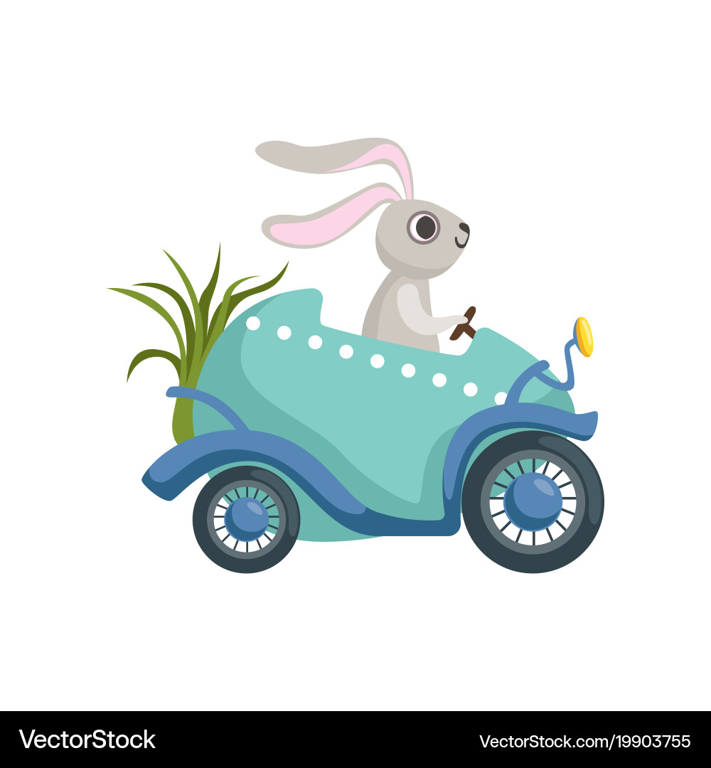 Cute little bunny driving easter blue car egg Vector Image