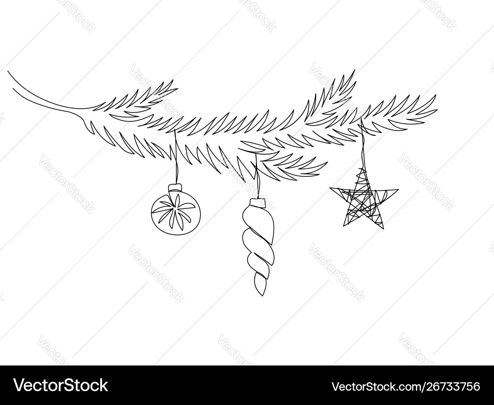 Single Line Christmas Branch with Ornaments Vector Image