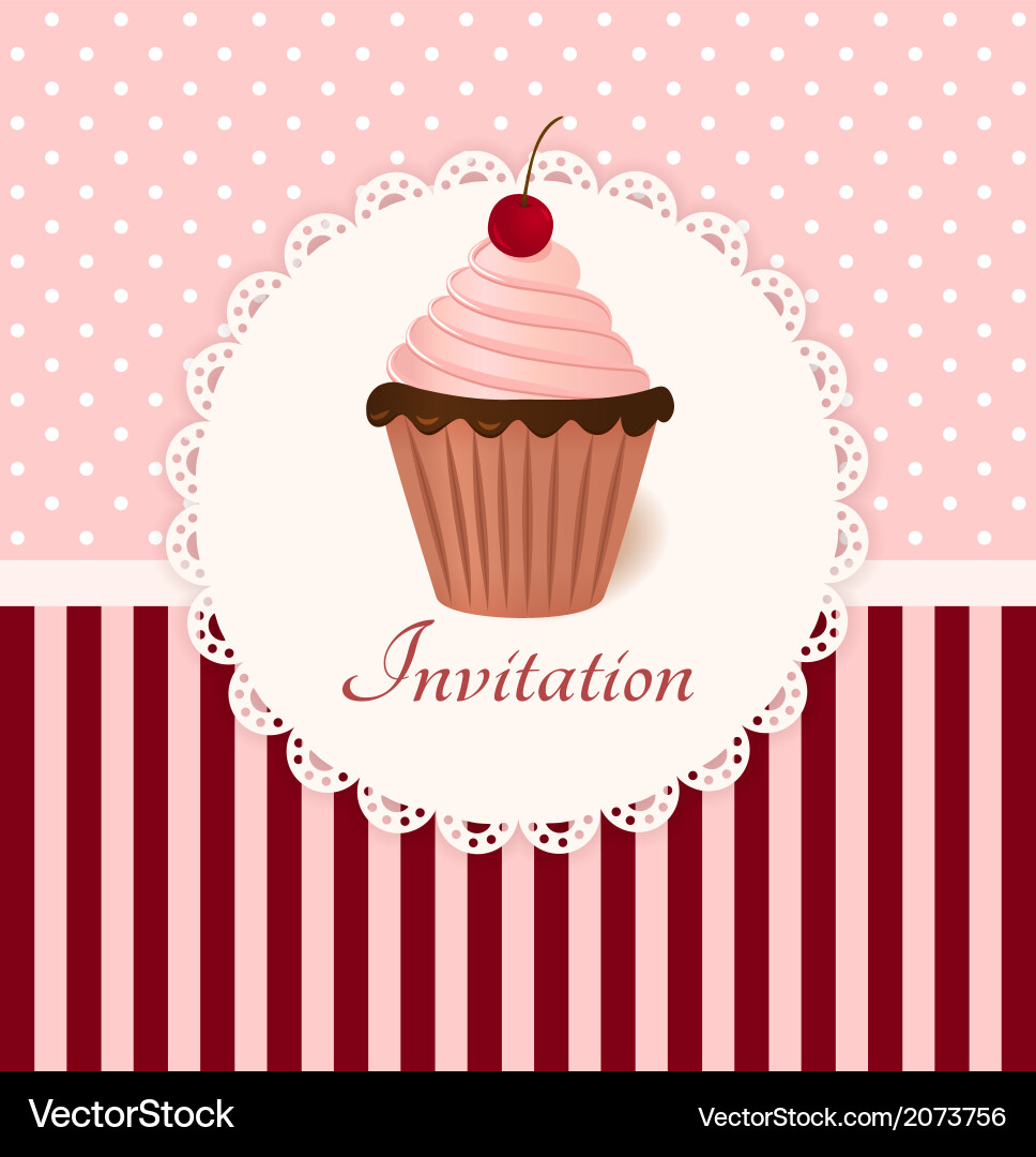 Vintage invitation card with cherry cream cake Vector Image