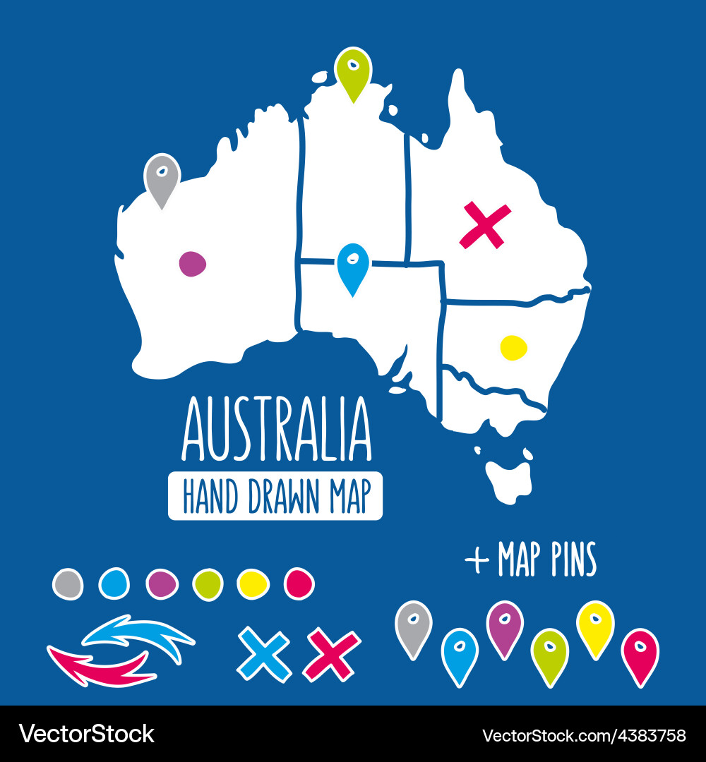 Hand drawn australia travel map with pins Vector Image