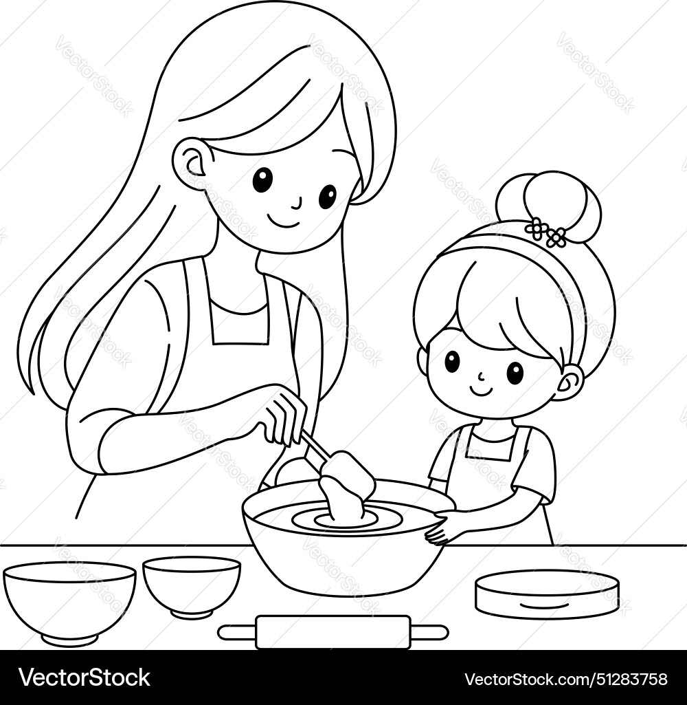 Mutter und Tochter kochen zusammen Färbung Vektorbild
