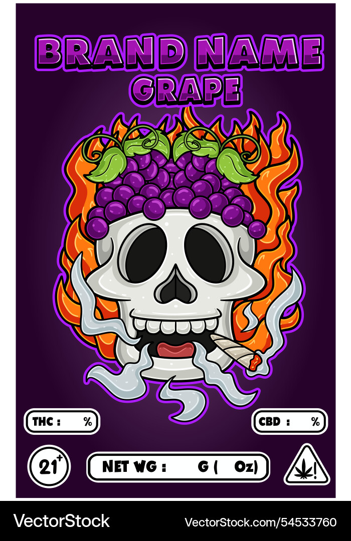 Cartoon grape fruit on skull head smoking and Vector Image