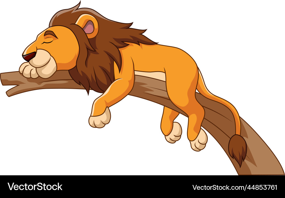 Cartoon lion sleeping on tree branch Royalty Free Vector