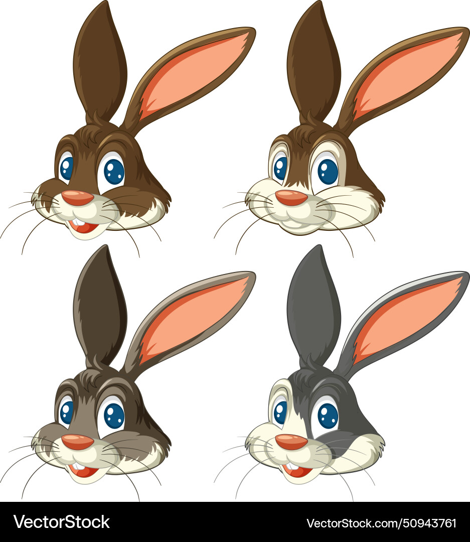 Four different colored cartoon rabbit heads Vector Image