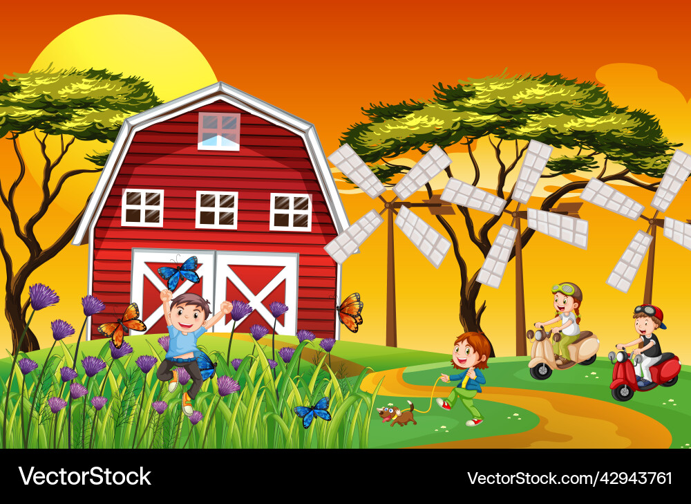 Happy kids in farm landscape Royalty Free Vector Image