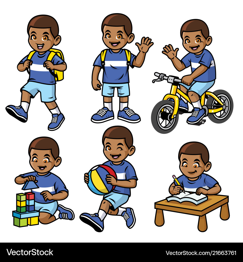 Student boy set in various poses and activities Vector Image