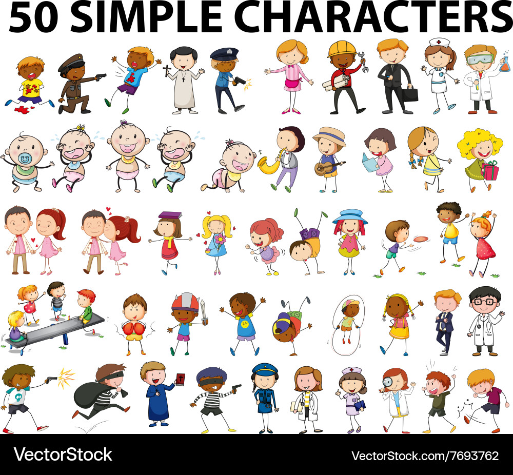 Fifty simple characters doing different things Vector Image