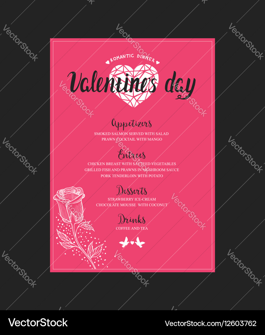 Menu template for valentine day dinner Royalty Free Vector