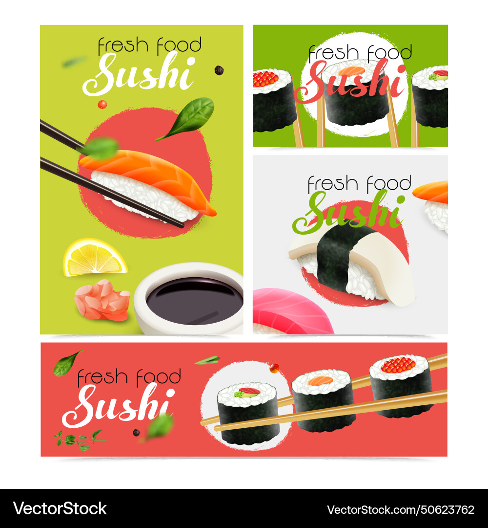 Realistic sushi banners set Royalty Free Vector Image