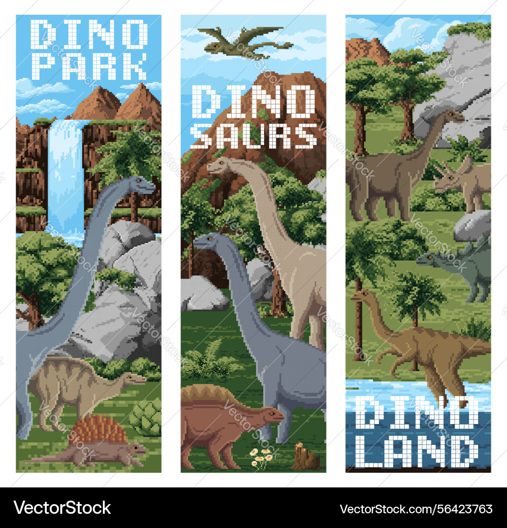 8 bit pixel art prehistoric dinosaurs and lizards Vector Image
