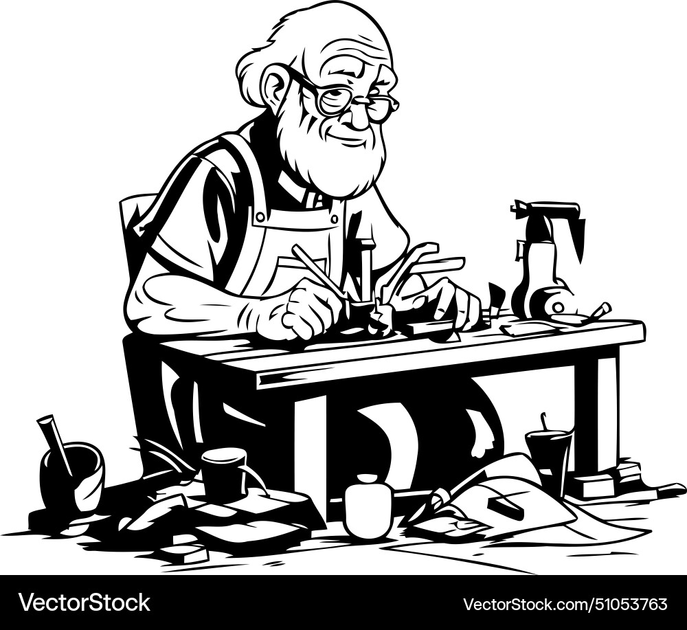 Old craftsman working at his workshop Royalty Free Vector