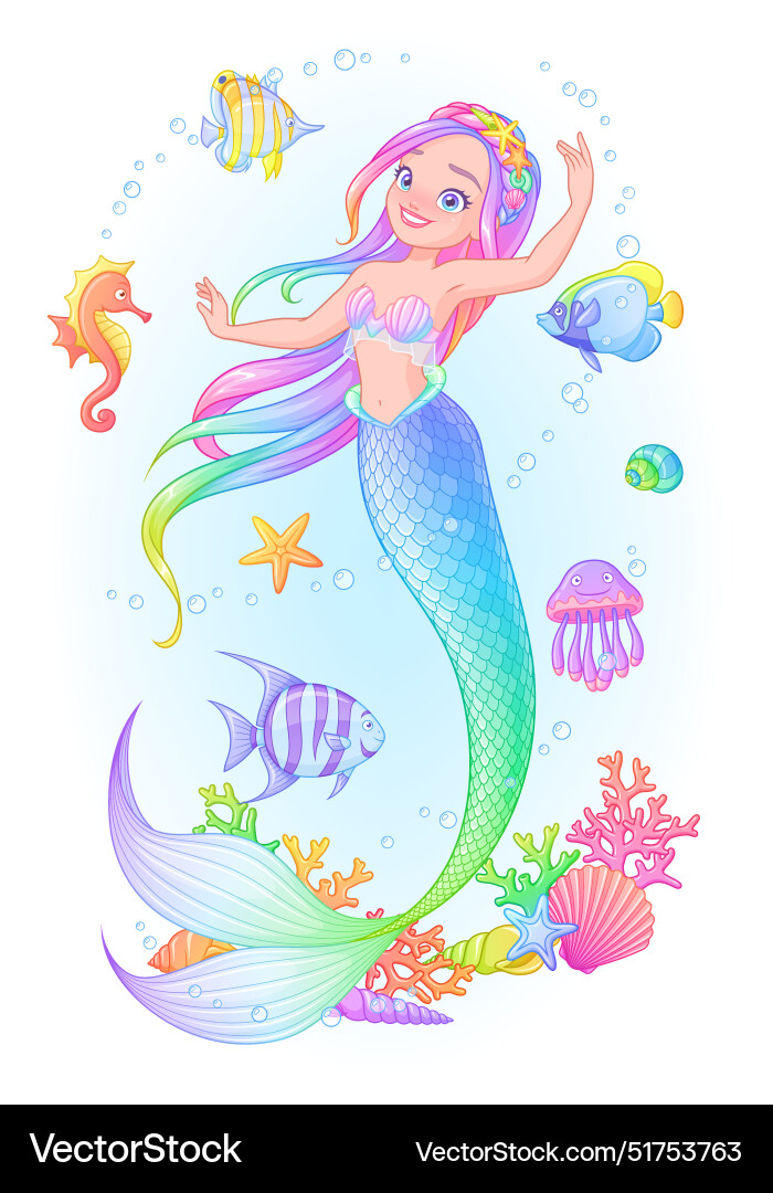 Pretty mermaid princess surrounded with fish Vector Image