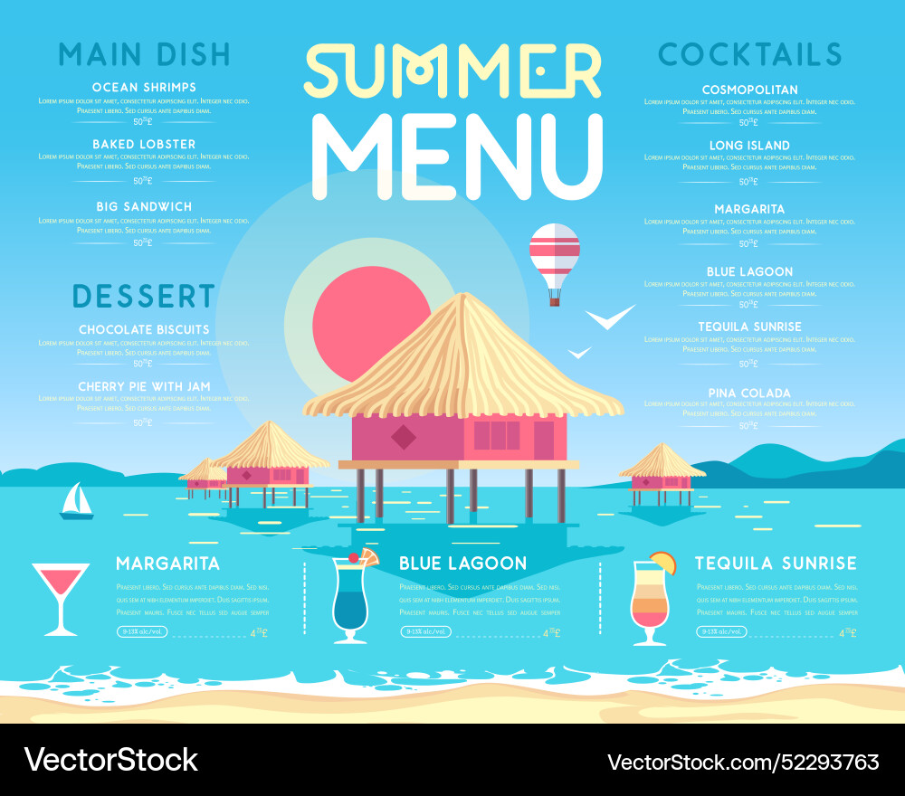 Summer cocktail menu design with bungalow Vector Image
