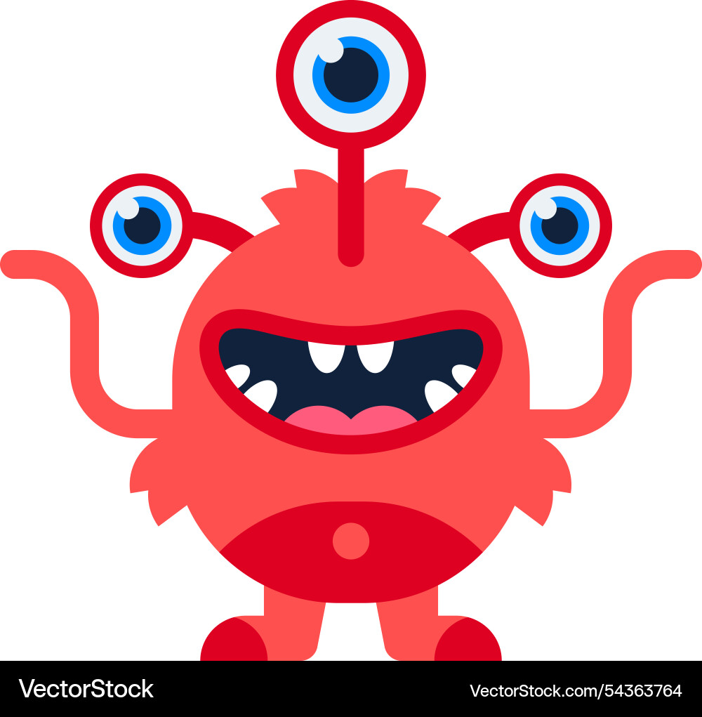 Cute red monster with three eyes and tentacle arms