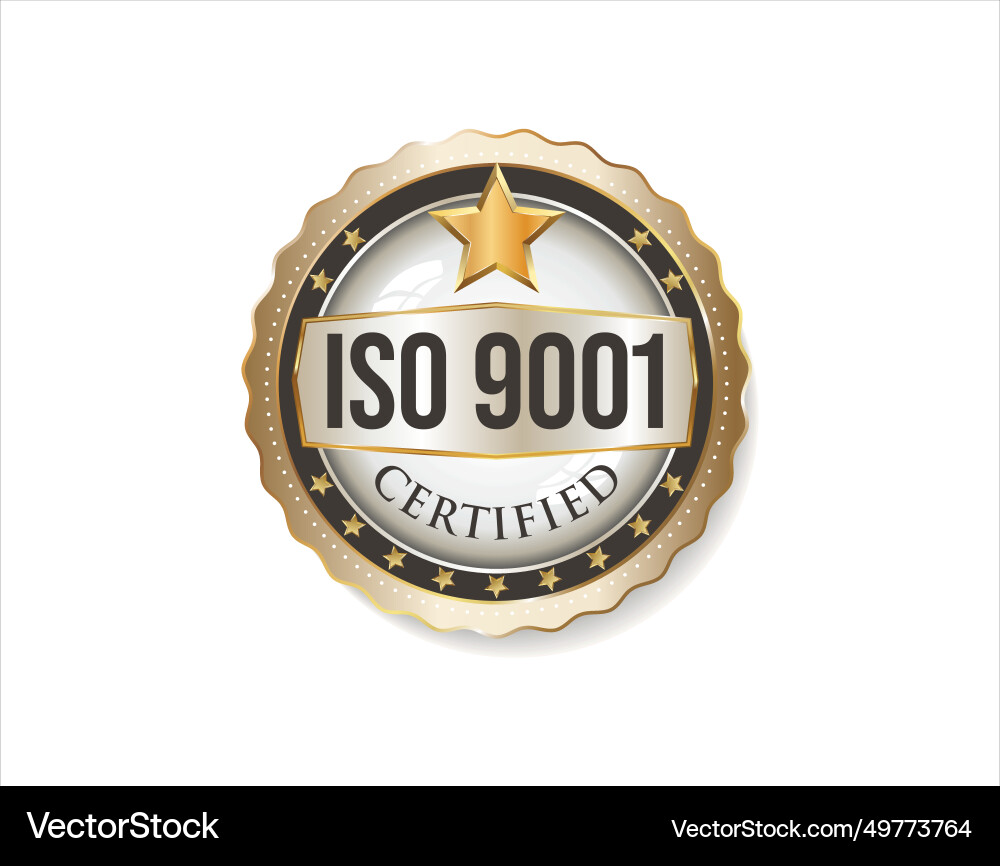 Iso 9001 certified golden badge Royalty Free Vector Image