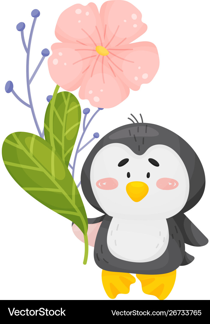Cute penguin with flowers Royalty Free Vector Image