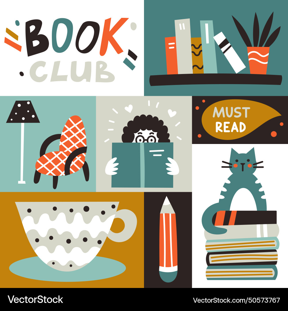 Book club poster with cute design elements Vector Image