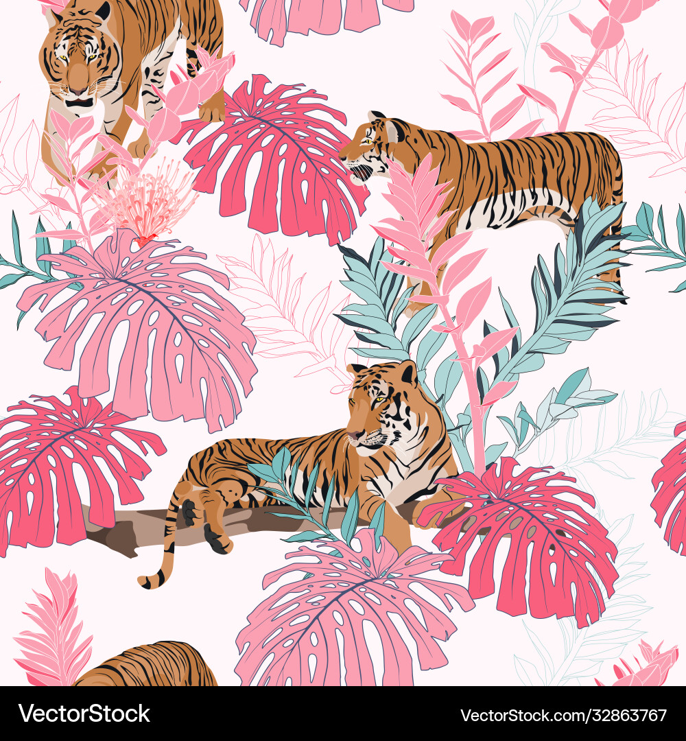 Exotic tiger animal in jungle pattern Royalty Free Vector