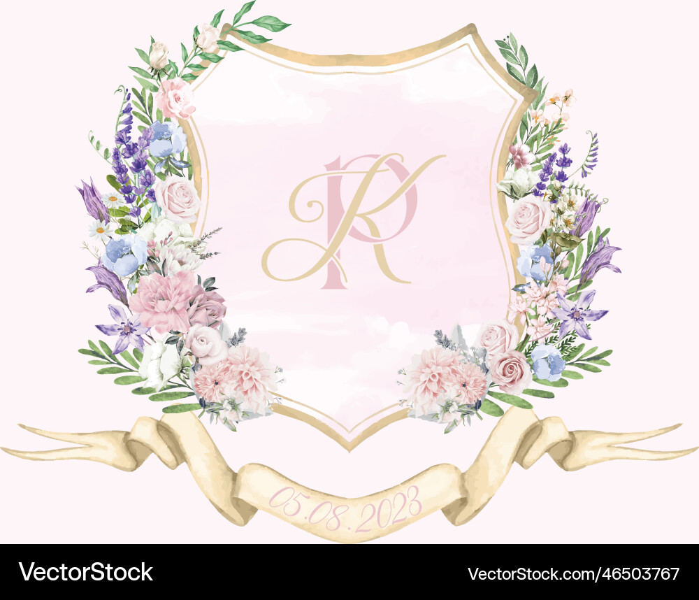 Painted wedding monogram pk initial floral crest Vector Image