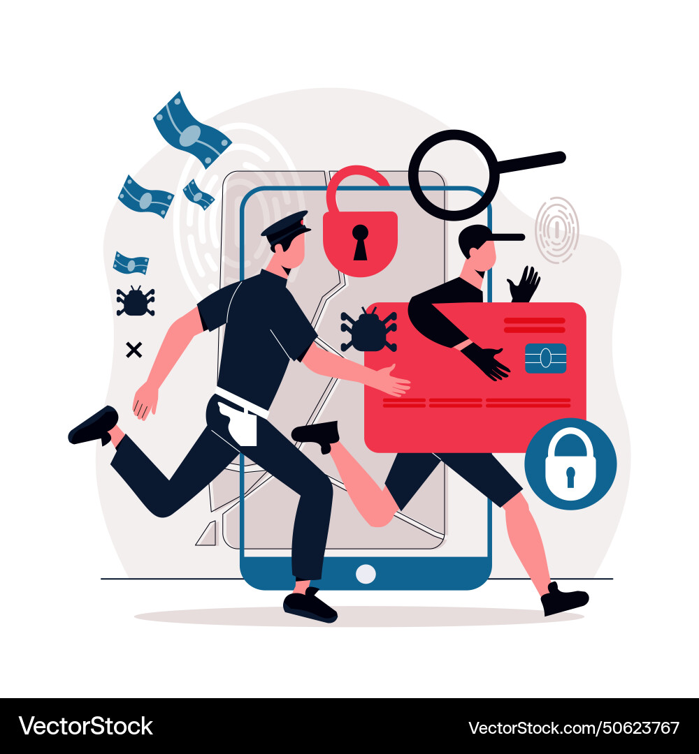 Police officer chasing after hacker holding Vector Image
