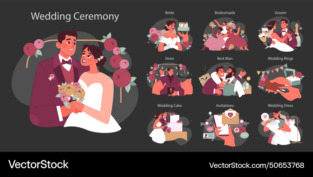 Wedding ceremony set flat Royalty Free Vector Image