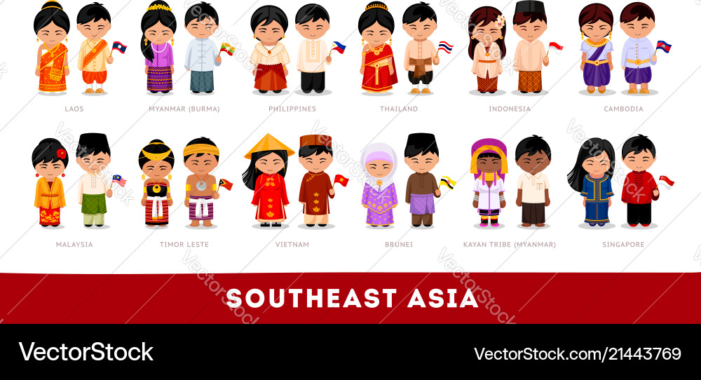 Asians in national clothes southeast asia set Vector Image