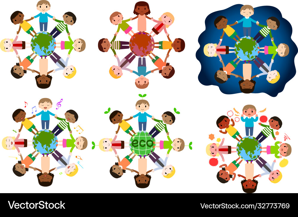 Cute children around earth set Royalty Free Vector Image