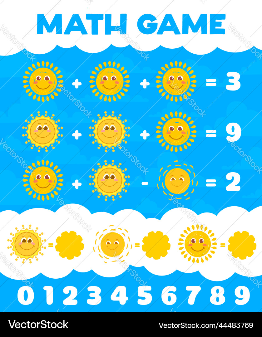 Math game worksheet with cartoon sun characters Vector Image
