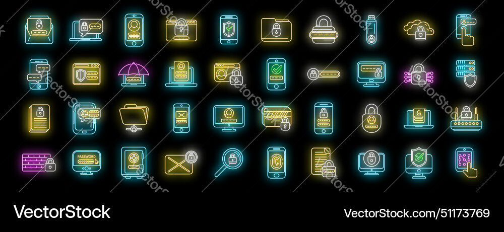 Password protection icons set neon Royalty Free Vector Image