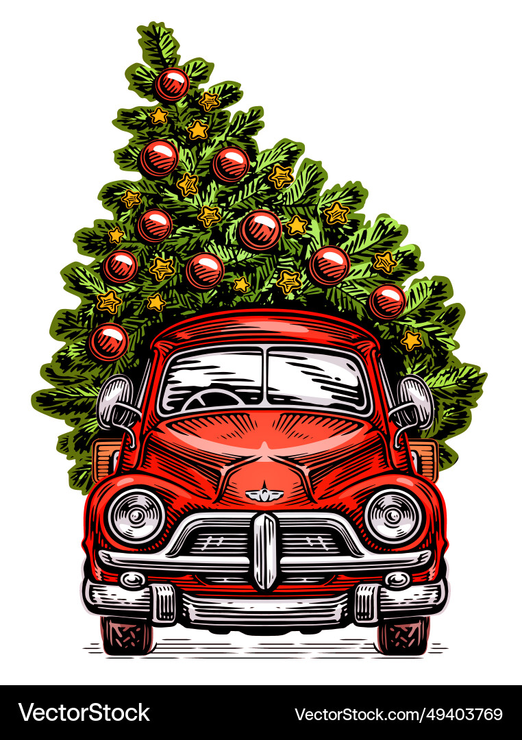 Red retro car with a christmas tree Royalty Free Vector