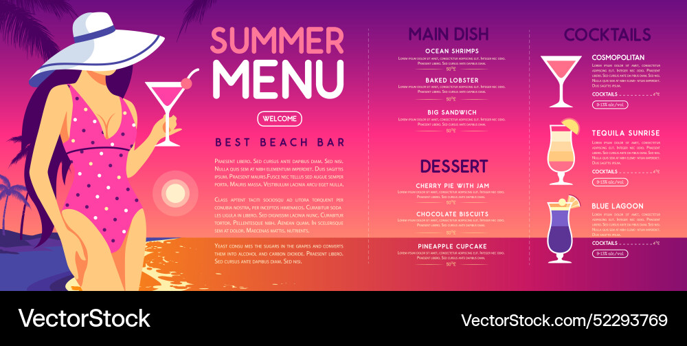 Retro flat summer cocktail menu design Royalty Free Vector