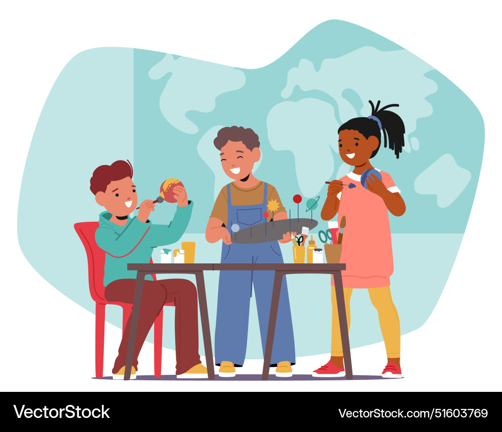 Three children are collaborating on an art Vector Image