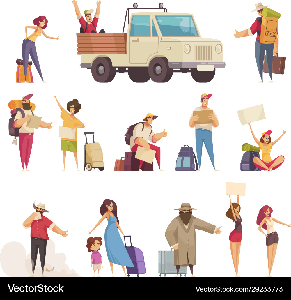 Hitchhiking cartoon set Royalty Free Vector Image