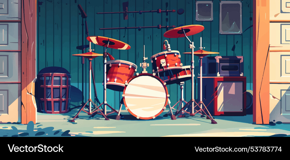 Complete drum kit set up in front of a garage wall