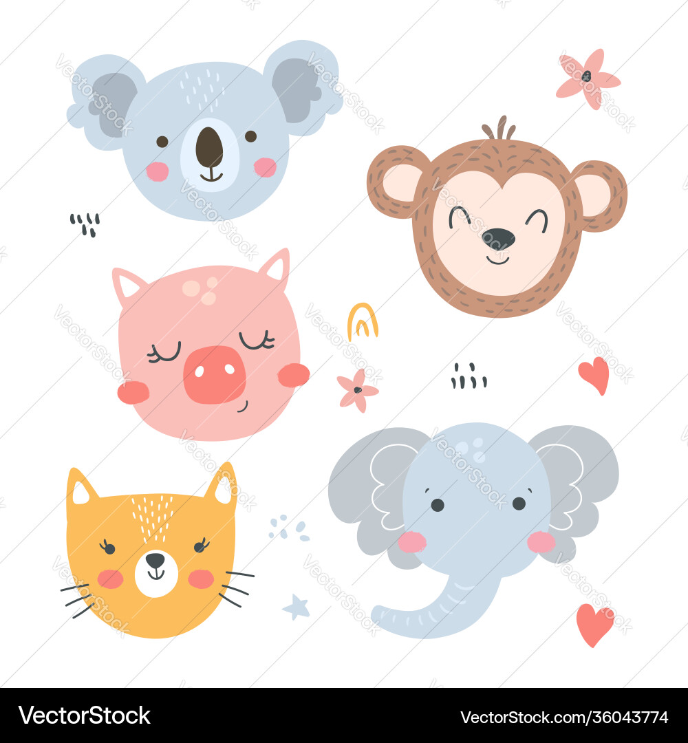 Cute Animal Heads - Koala, Pig, Monkey, Elephant Vector Image