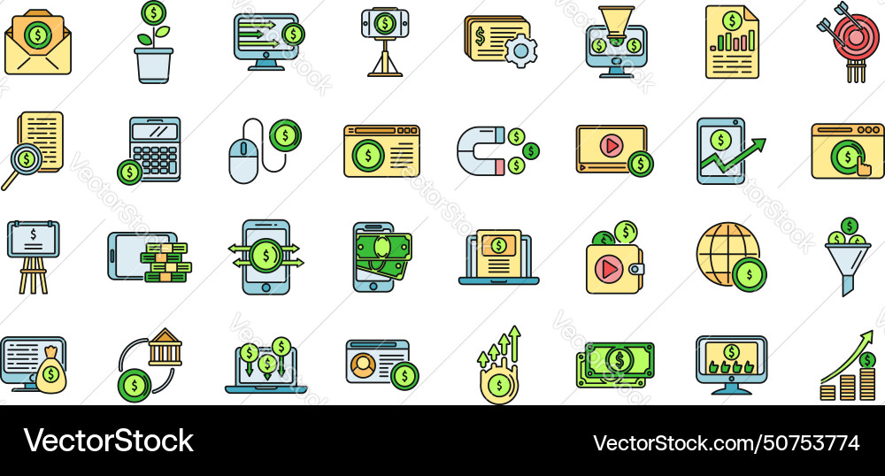 Monetization icons set color line Royalty Free Vector Image