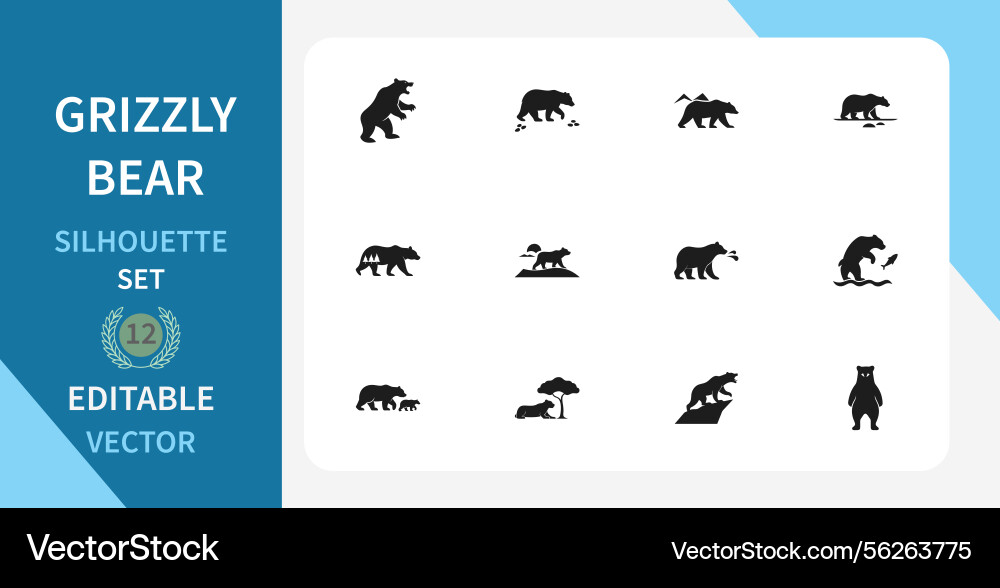 Grizzly bear silhouette set twelve editable Vector Image