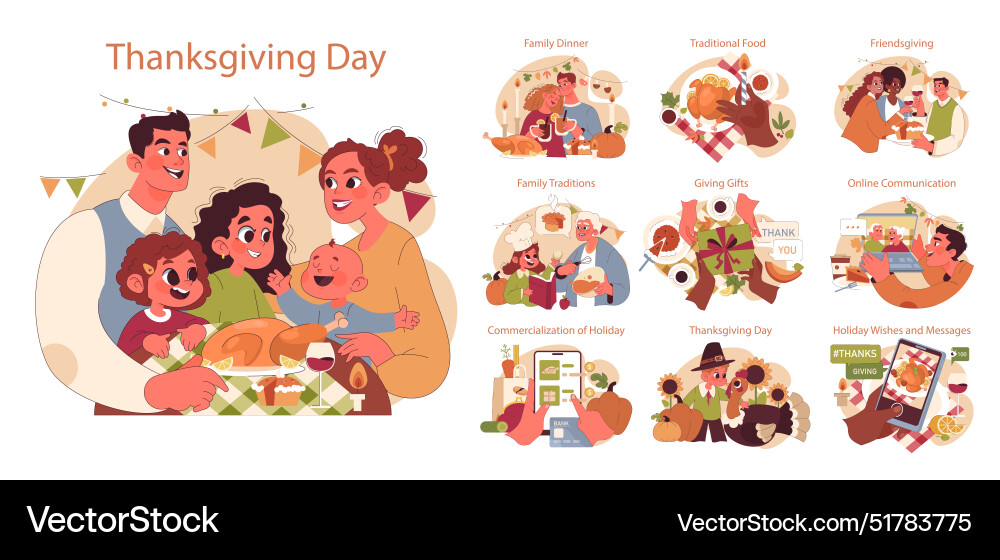 Joyful family celebrating thanksgiving set Vector Image