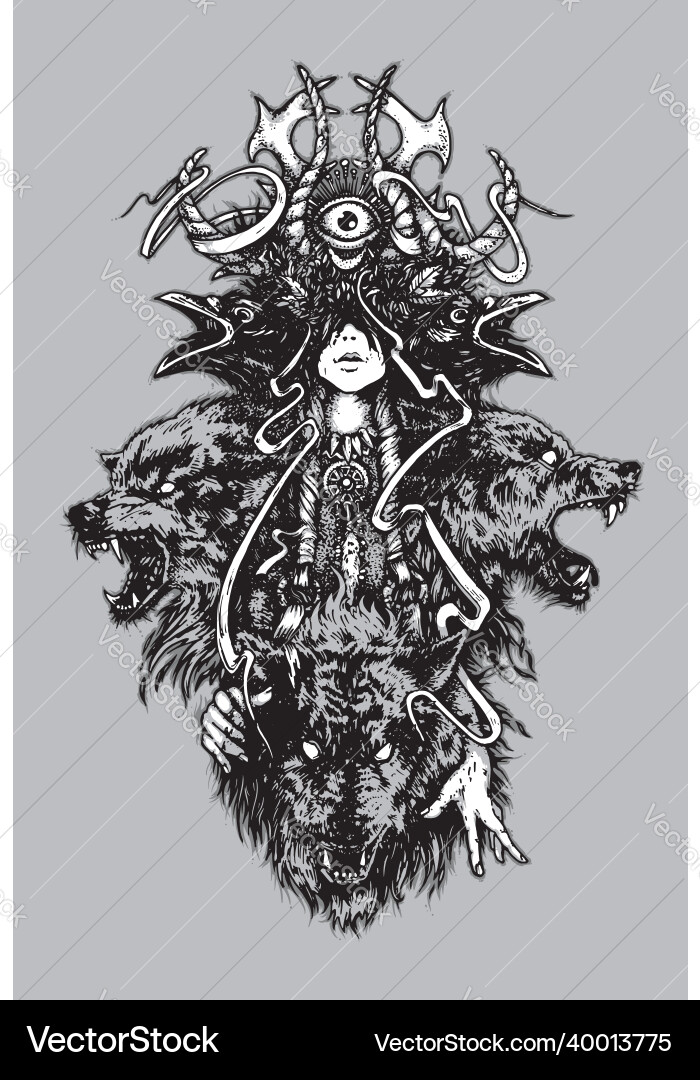 Shaman girl wolves and crows witchcraft Royalty Free Vector