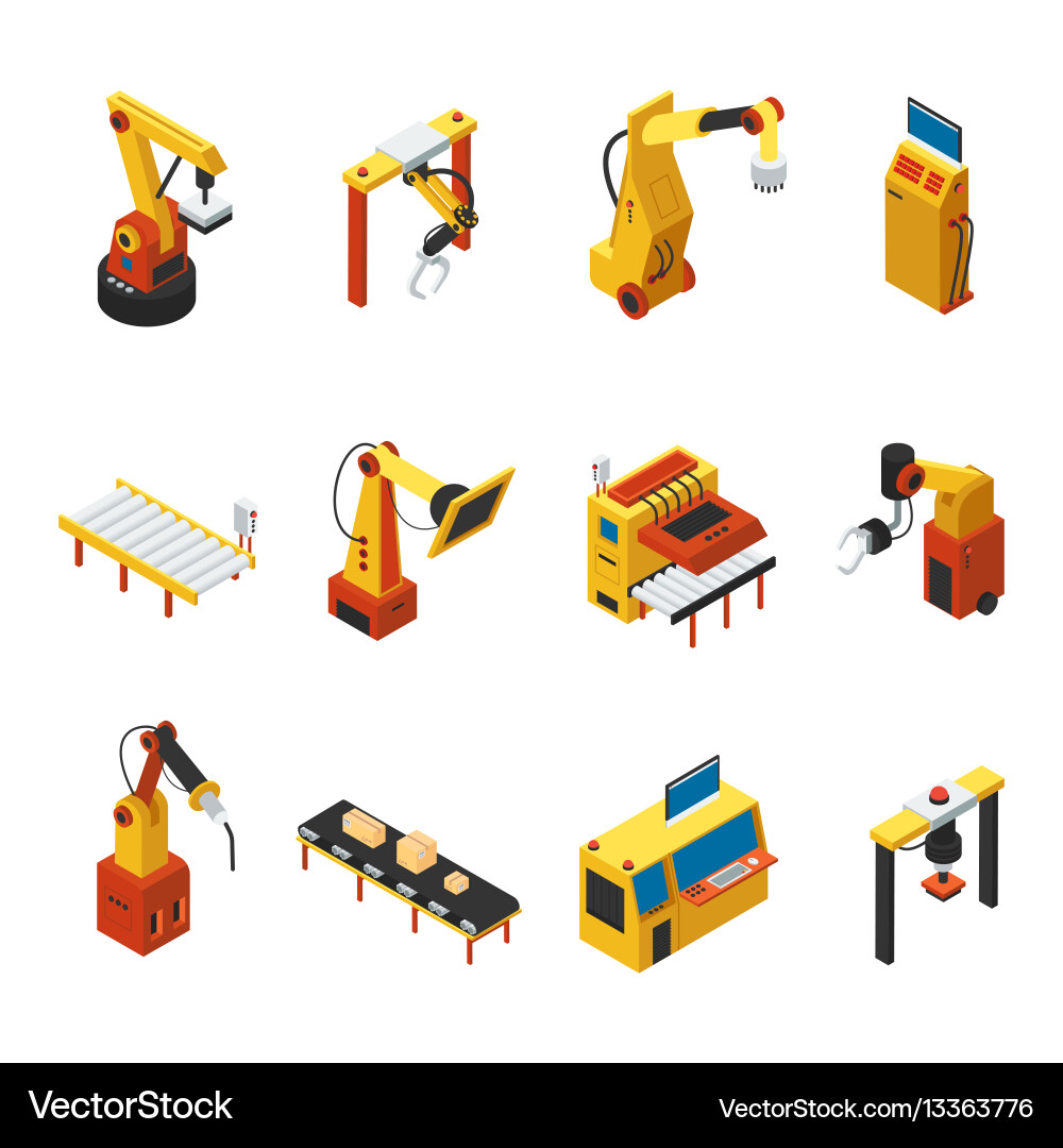 Isometric automated machines set Royalty Free Vector Image