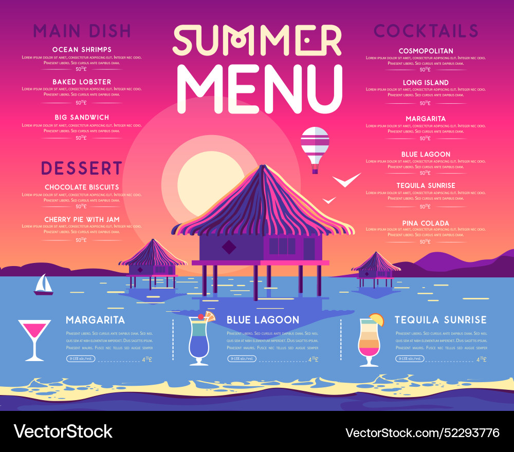 Retro summer cocktail menu design with bungalow Vector Image