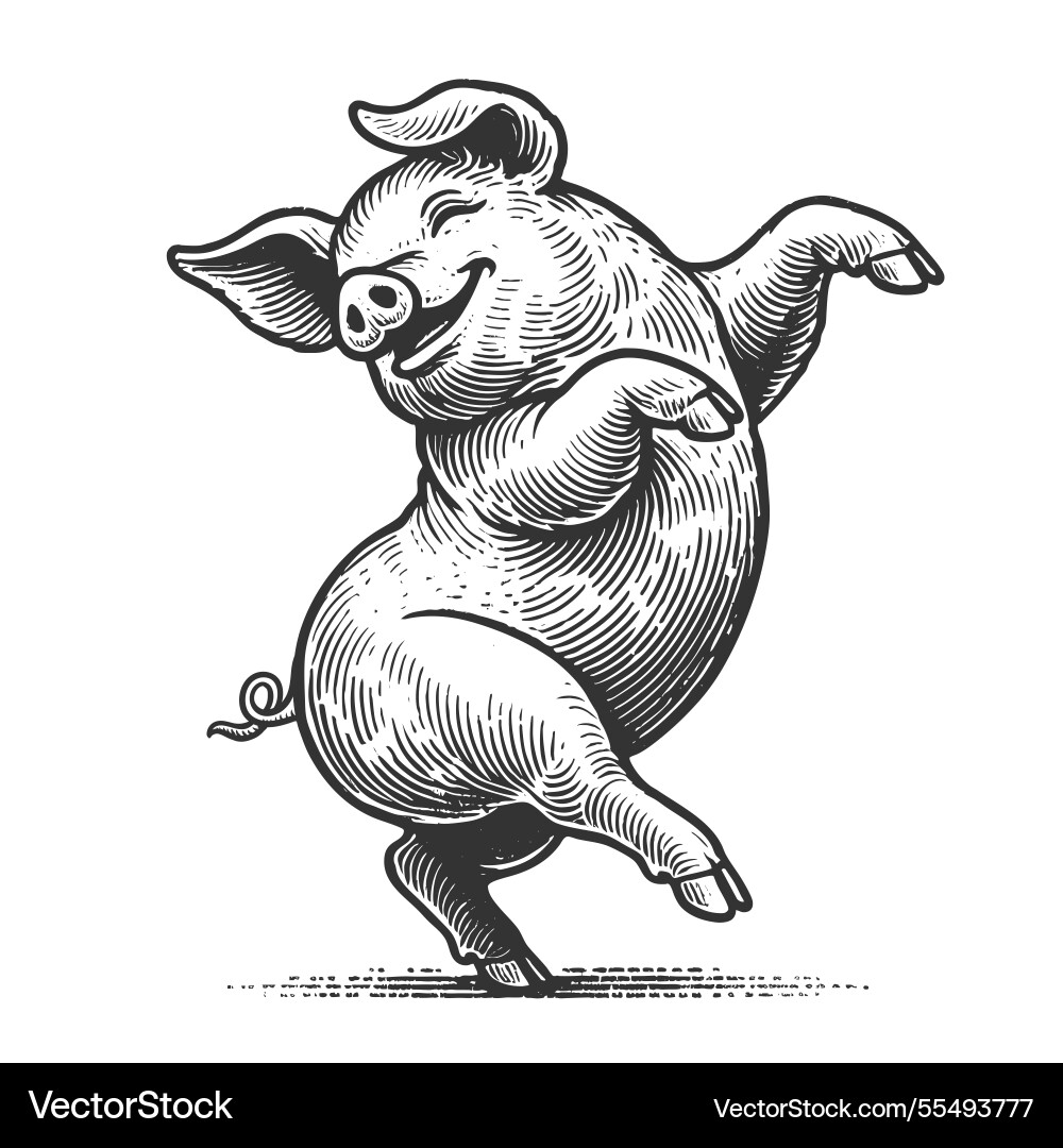 Happy dancing pig engraving Royalty Free Vector Image