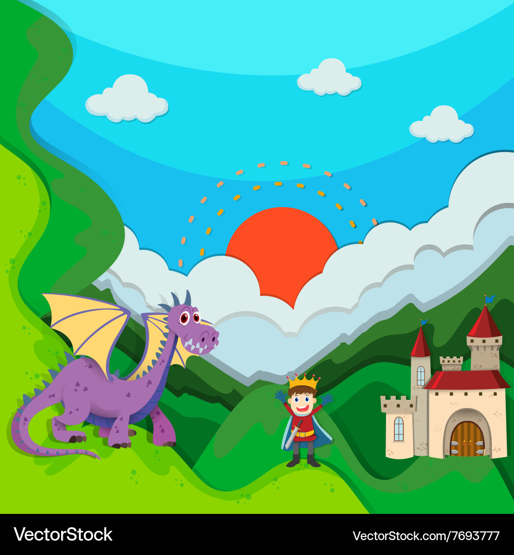 Prince and dragon by the palace Royalty Free Vector Image
