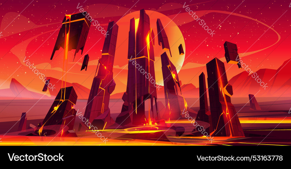 Red alien planet with rock and flowing lava Vector Image