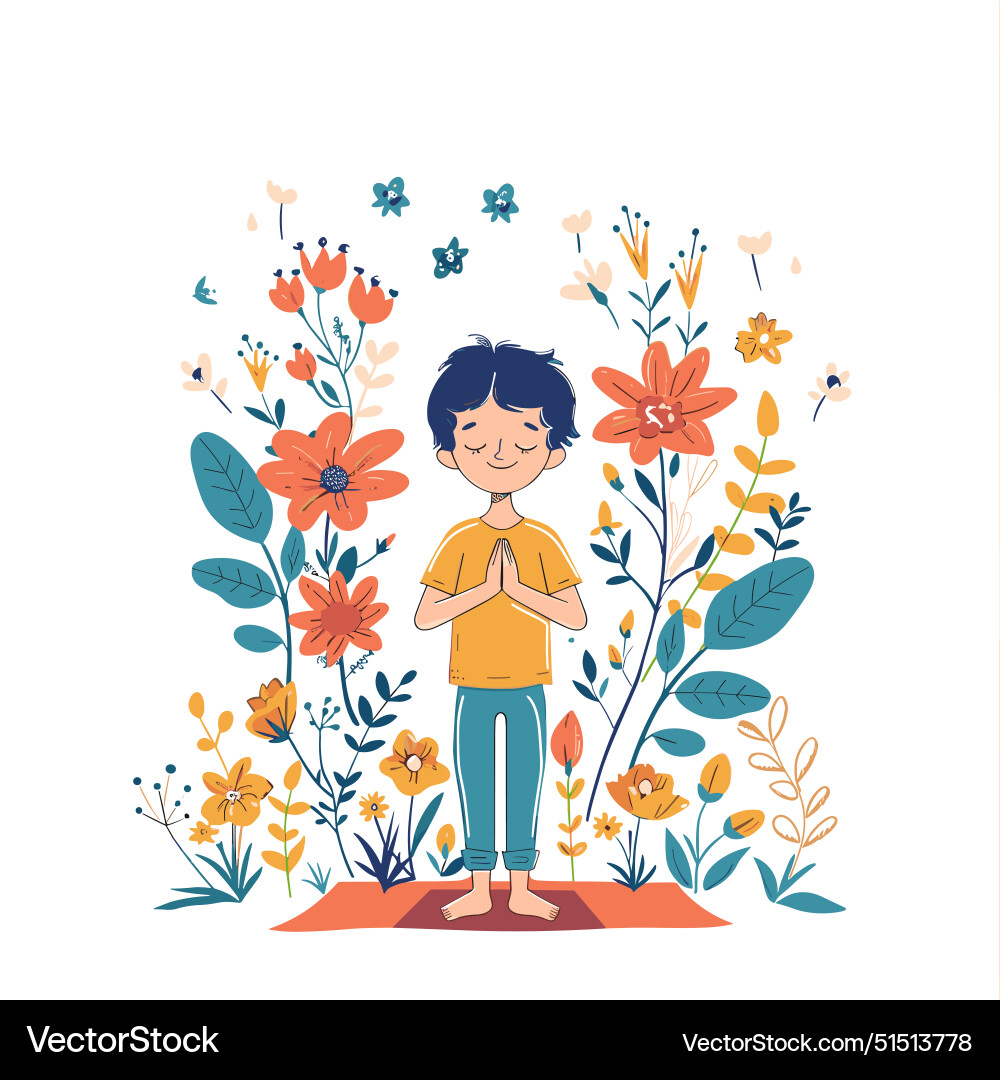 Young boy cartoon character meditating surrounded Vector Image