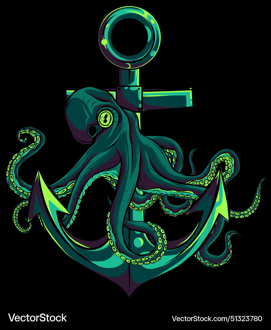 Octopus around the anchor on black background Vector Image