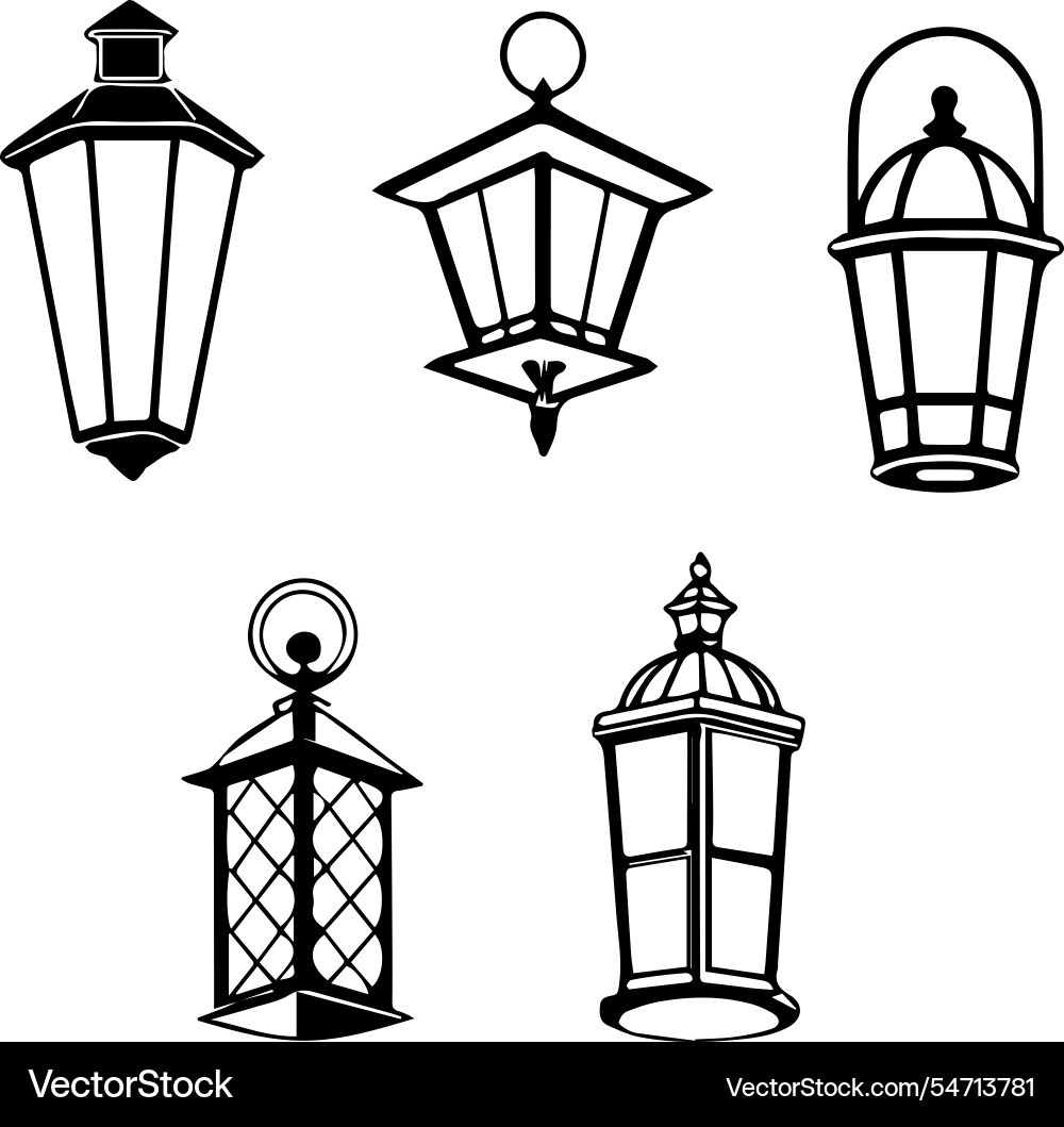 Black outline of various lanterns Royalty Free Vector Image
