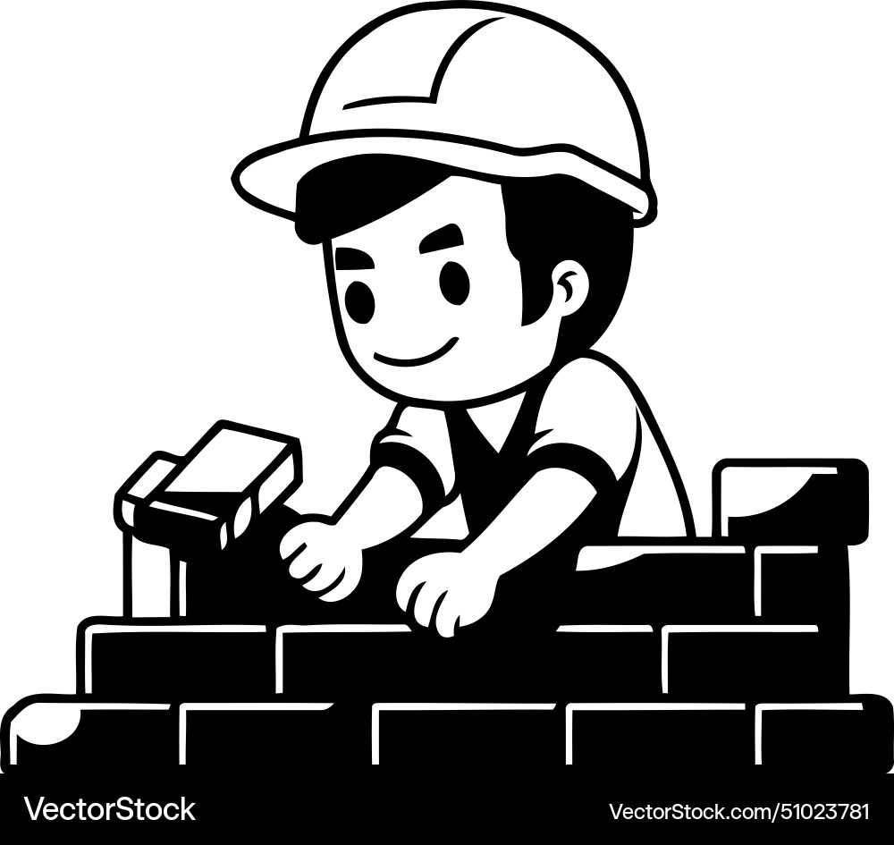 Cartoon worker building brick wall cute Royalty Free Vector